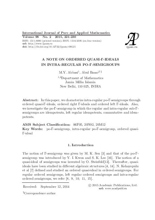 Pdf A Note On Ordered Quasi Gamma􀀀 Ideals In Intra Regular Po 􀀀gamma Semigroups