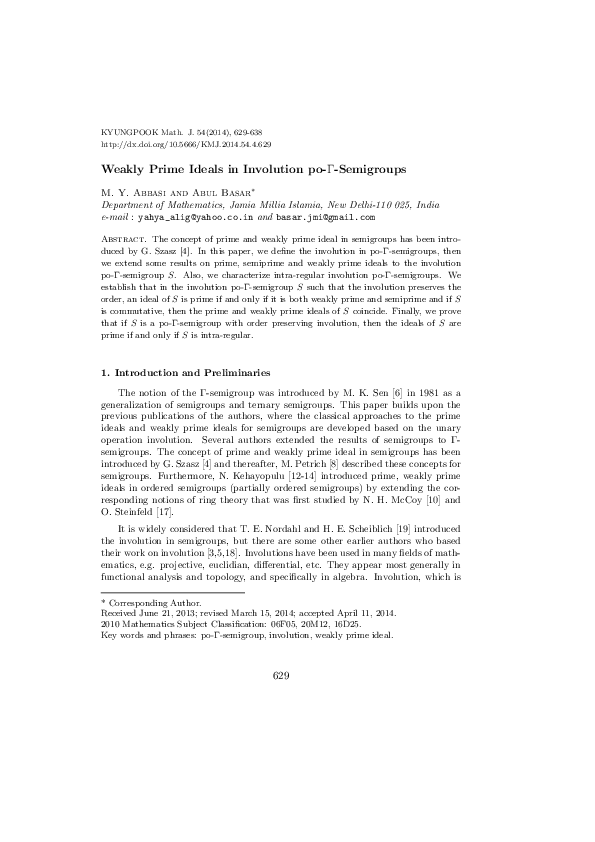 (PDF) Weakly Prime Ideals in Involution po-Gamma-Semigroups, M. Y. Abbasi and Abul Basar