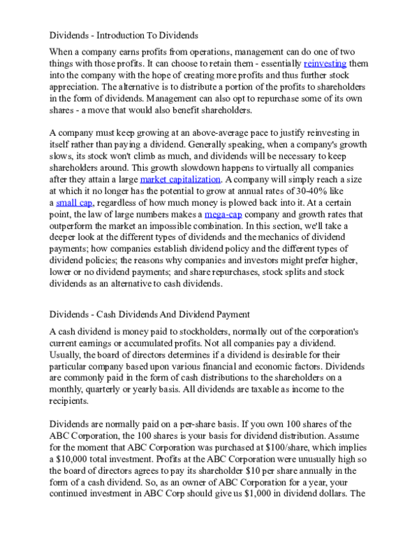 (DOC) Dividends -Introduction To Dividends Dividends -Cash Dividends ...