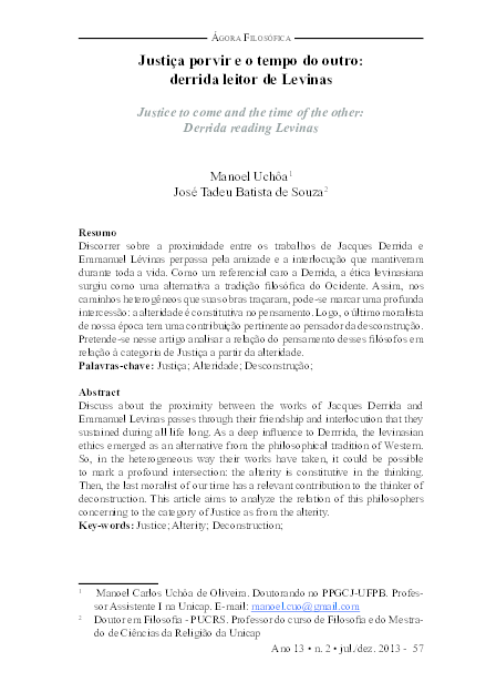 (PDF) Justiça porvir e o tempo do outro: Derrida leitor de Levinas ...