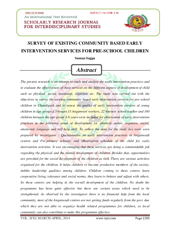 (PDF) SURVEY OF EXISTING COMMUNITY BASED EARLY INTERVENTION SERVICES ...