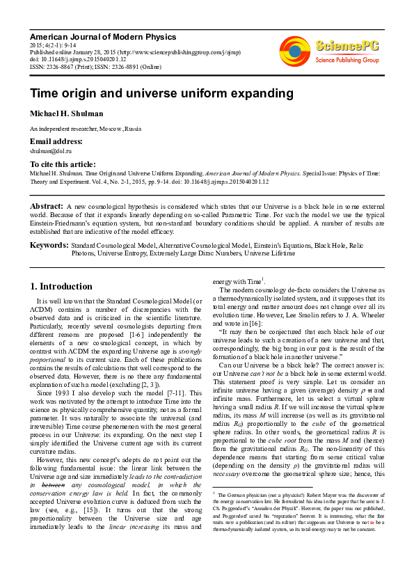 (PDF) Time origin and uniform Universe expanding