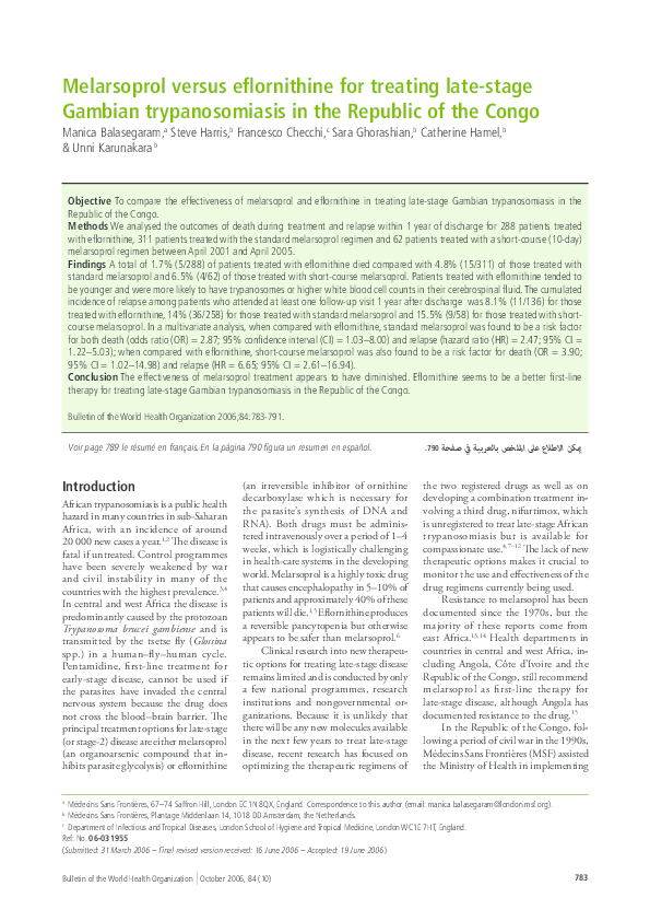 (PDF) Melarsoprol versus eflornithine for treating late-stage Gambian ...