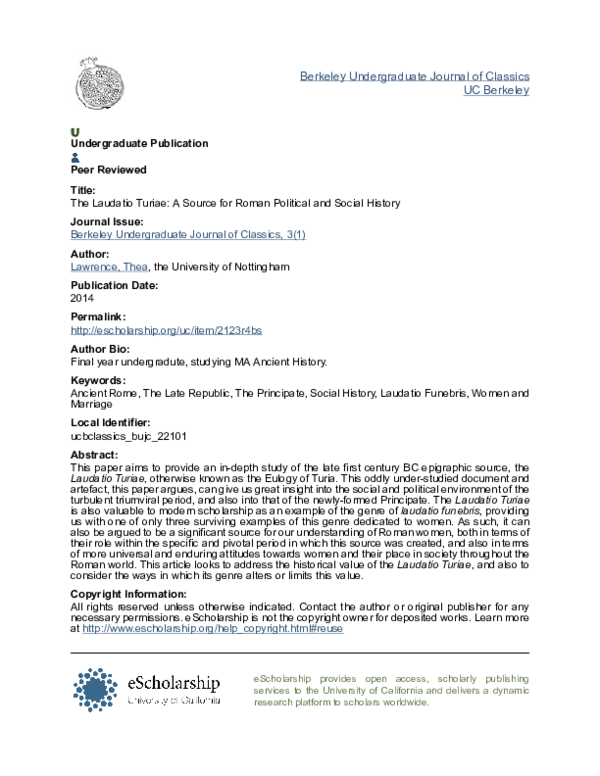 (PDF) The Laudatio Turiae: A Source for Roman Political and Social History