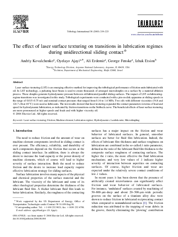 Pdf The Effect Of Laser Surface Texturing On Transitions In Lubrication Regimes During