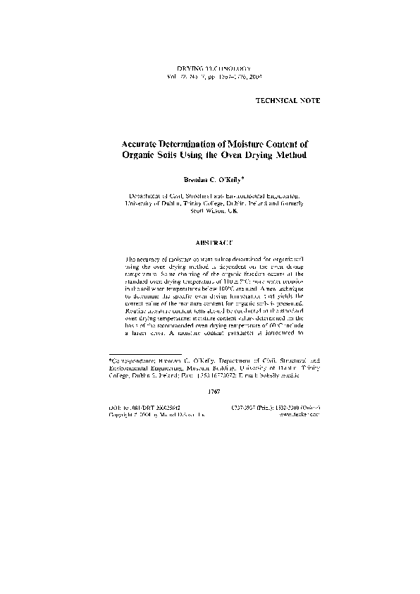 (PDF) Accurate determination of moisture content of organic soils using ...