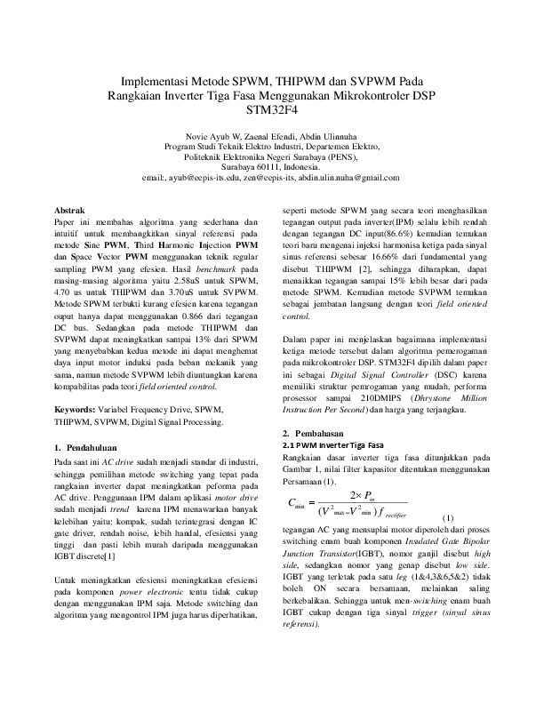 (PDF) Implementasi Metode SPWM, THIPWM dan SVPWM Pada Rangkaian Inverter Tiga Fasa Menggunakan ...