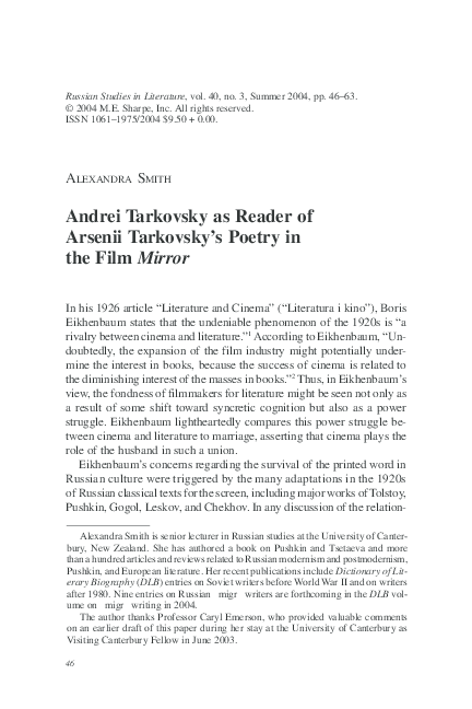 (PDF) Andrei Tarkovsky as Reader of Arsenii Tarkovsky's Poetry in the ...