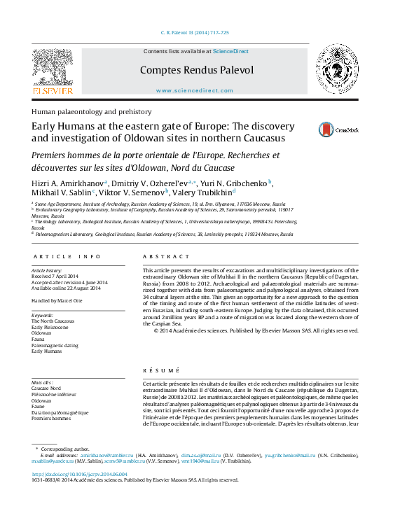 (PDF) Early Humans at the eastern gate of Europe: The discovery and ...