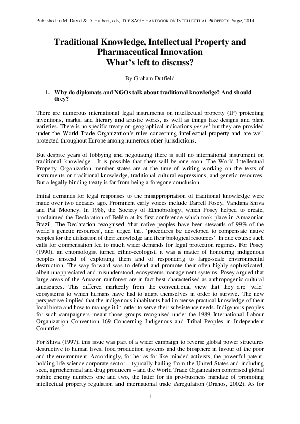 (PDF) Traditional Knowledge, Intellectual Property and Pharmaceutical ...