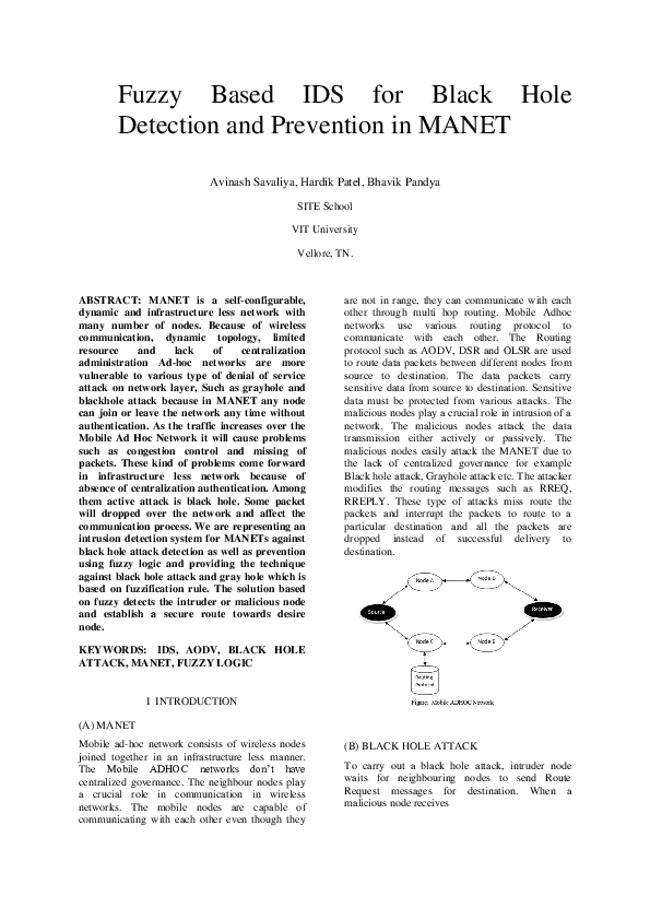 Pdf Fuzzy Based Ids For Black Hole Detection And Prevention In Manet