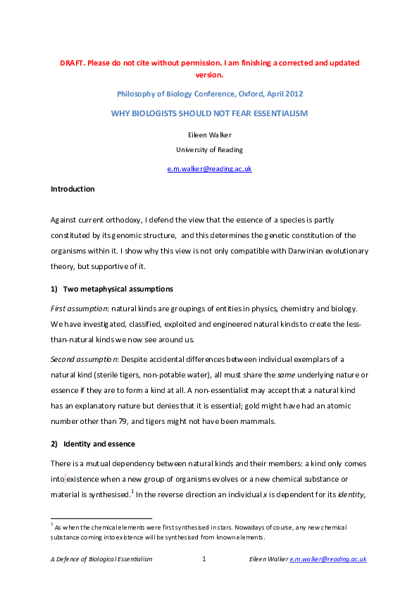 (PDF) Why Biologists Should Not Fear Essentialism