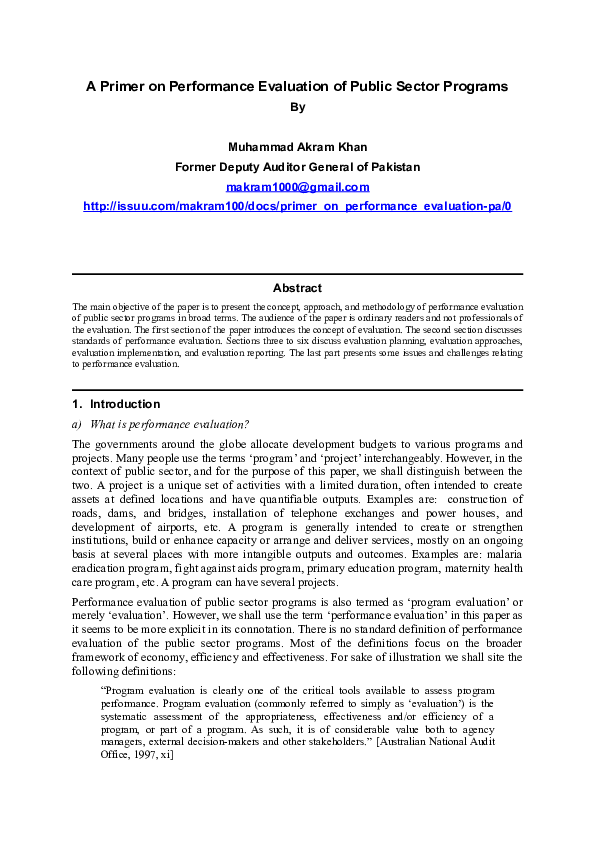 Doc A Primer On Performance Evaluation Of Public Sector Programs