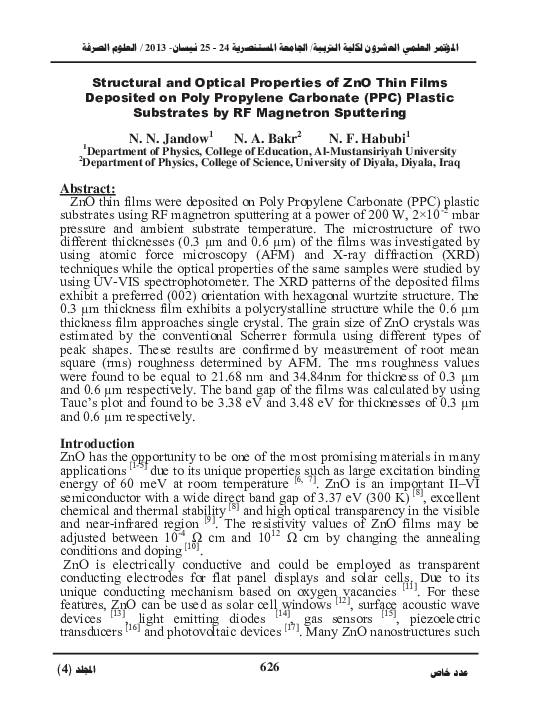 (PDF) Structural and Optical Properties of ZnO Thin Films Deposited on Poly Propylene Carbonate ...