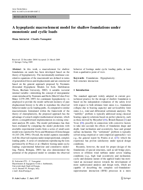 (PDF) A hypoplastic macroelement model for shallow foundations under monotonic and cyclic loads
