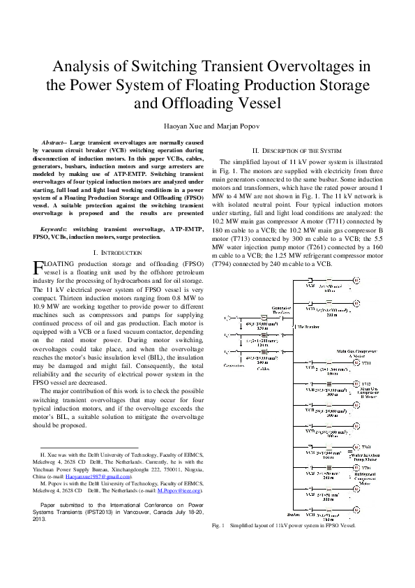 Pdf Analysis Of Switching Transient Overvoltages In The Power System Of Floating Production