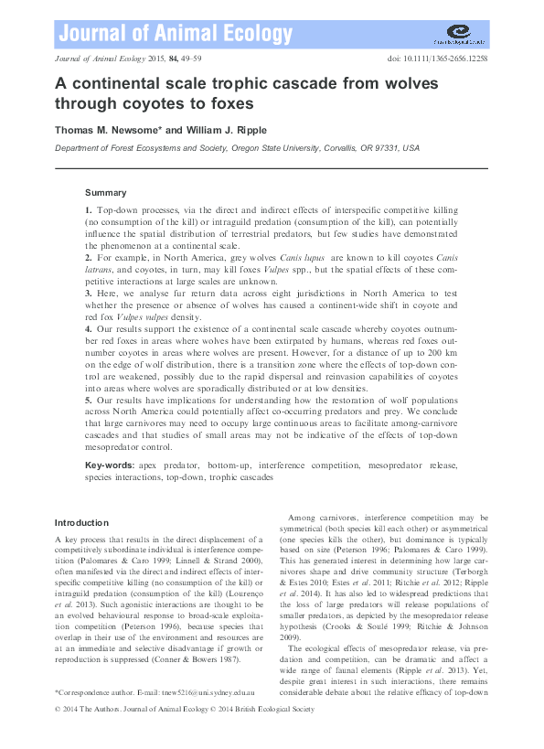 (PDF) A continental scale trophic cascade from wolves through coyotes ...