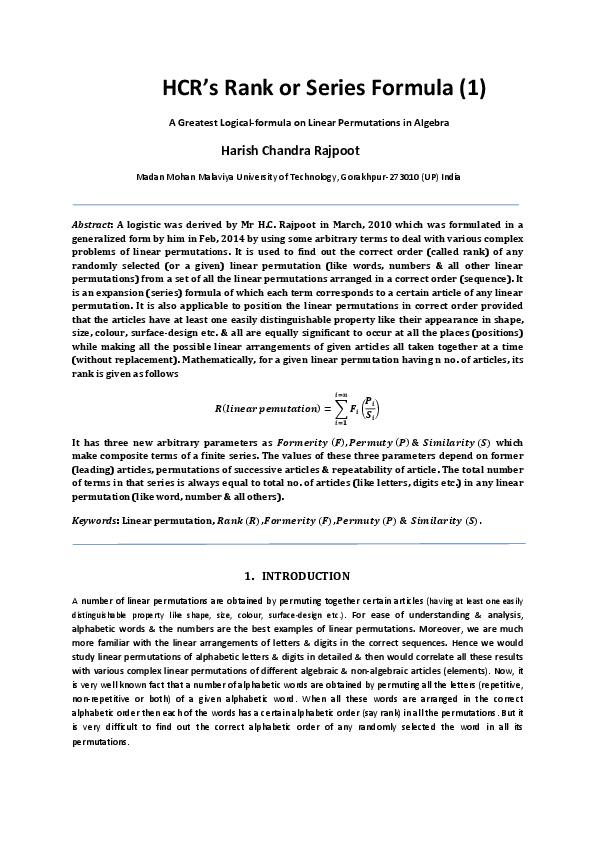 (PDF) HCR's Rank Formula (1) to calculate rank of any linear ...