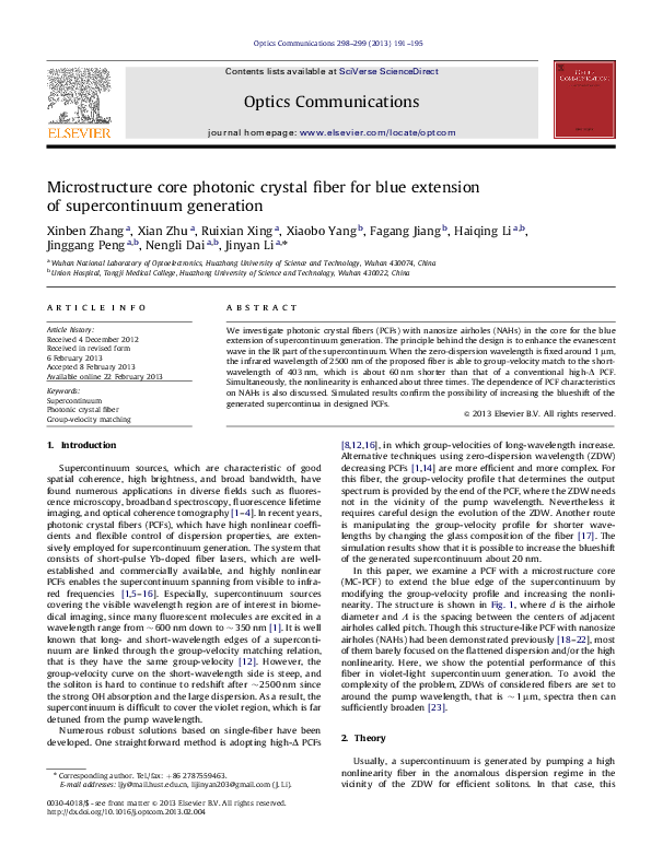 Pdf Microstructure Core Photonic Crystal Fiber For Blue Extension Of Supercontinuum Generation