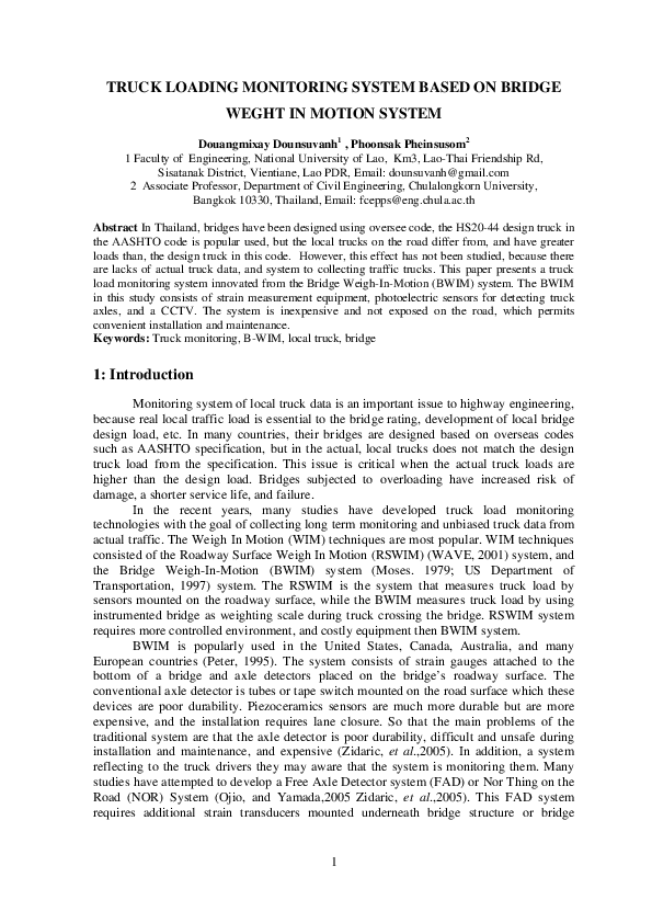 (PDF) TRUCK LOADING MONITORING SYSTEM BASED ON BRIDGE