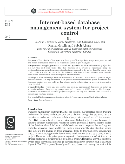 Internet-based database management system for project control