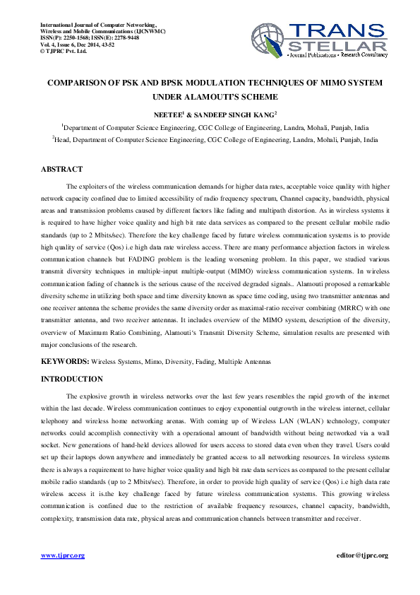 Pdf Comparison Of Psk And Bpsk Modulation Techniques Of Mimo System