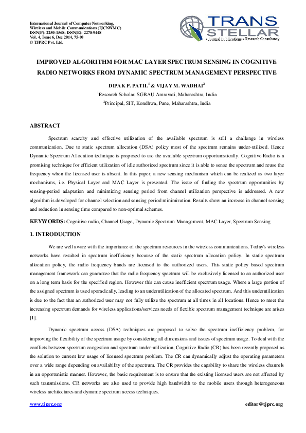 Pdf Improved Algorithm For Mac Layer Spectrum Sensing In Cognitive Radio Networks From Dynamic