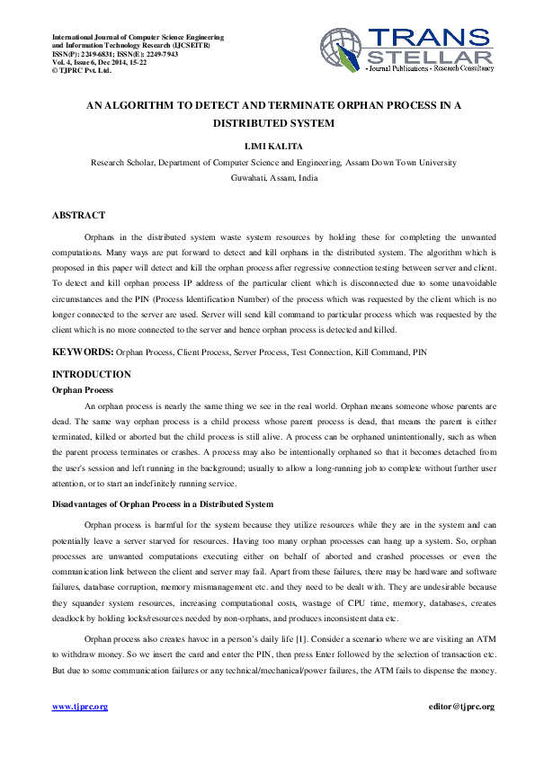Pdf An Algorithm To Detect And Terminate Orphan Process In A Distributed System