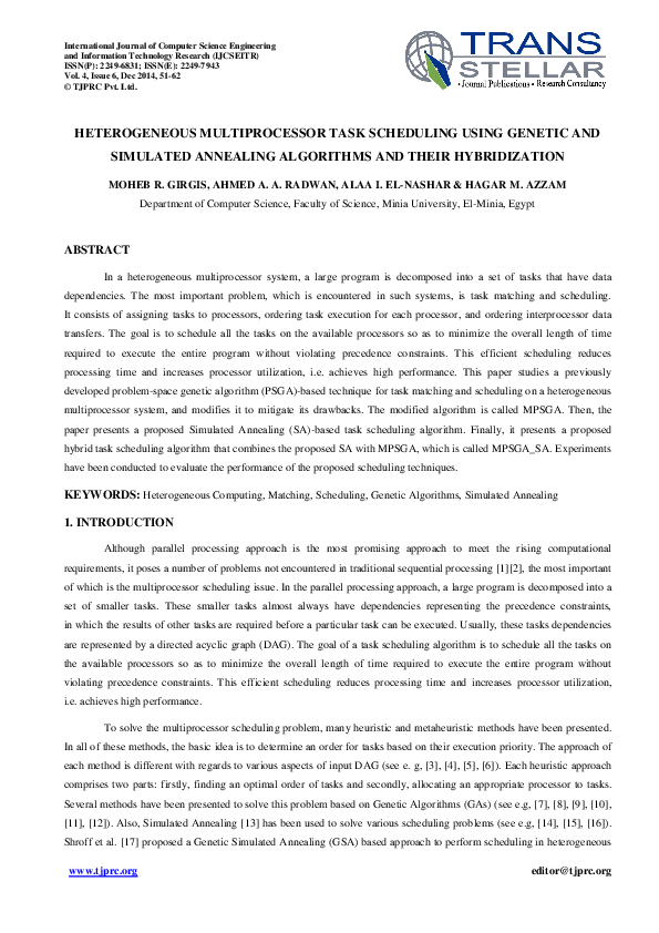 (PDF) HETEROGENEOUS MULTIPROCESSOR TASK SCHEDULING USING GENETIC AND SIMULATED ANNEALING ...