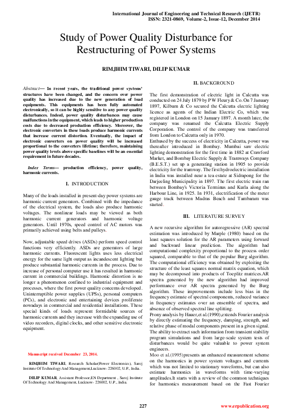 (PDF) Study of Power Quality Disturbance for Restructuring of Power Systems