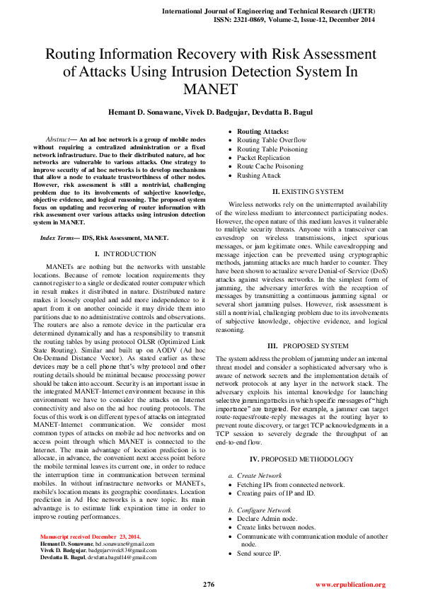 Pdf Routing Information Recovery With Risk Assessment Of Attacks Using Intrusion Detection