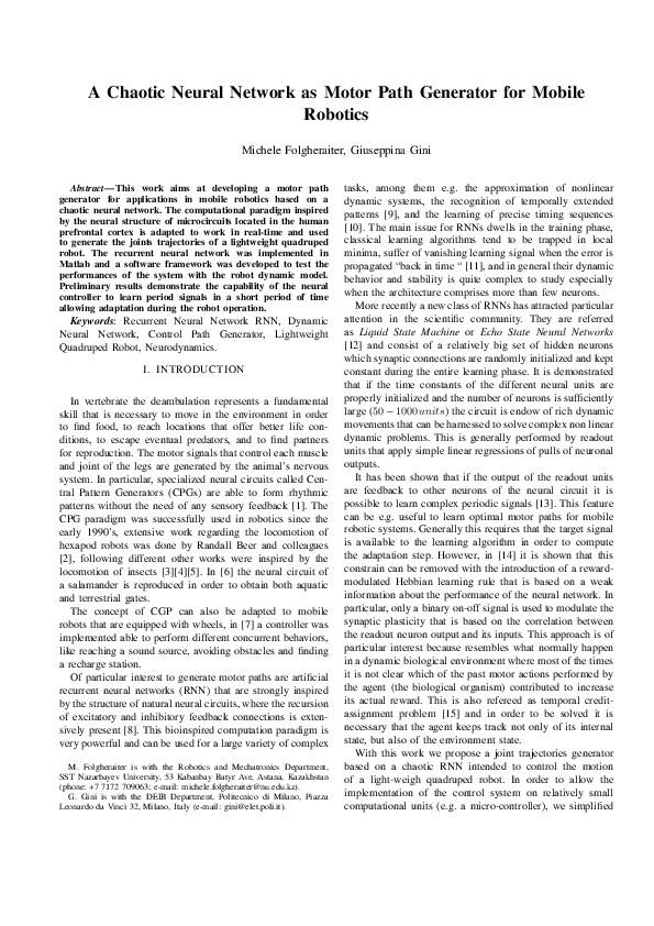 (PDF) A Chaotic Neural Network as Motor Path Generator for Mobile Robotics