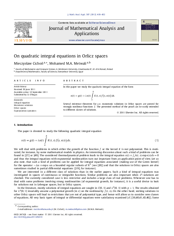 Pdf On Quadratic Integral Equations In Orlicz Spaces