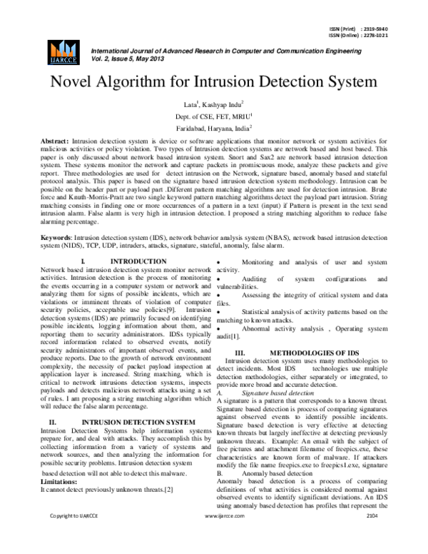 Novel Algorithm For Intrusion Detection System