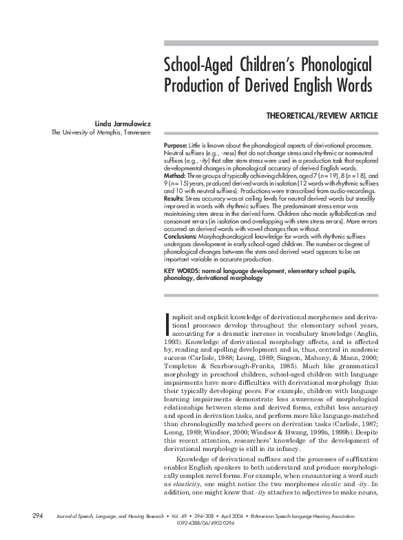 (PDF) School-Aged Children's Phonological Production of Derived English ...