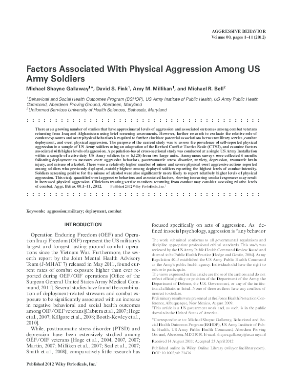 (PDF) Factors Associated With Physical Aggression Among US Army Soldiers