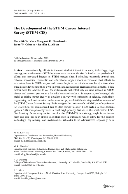 (PDF) The Development of the STEM Career Interest Survey (STEM-CIS)