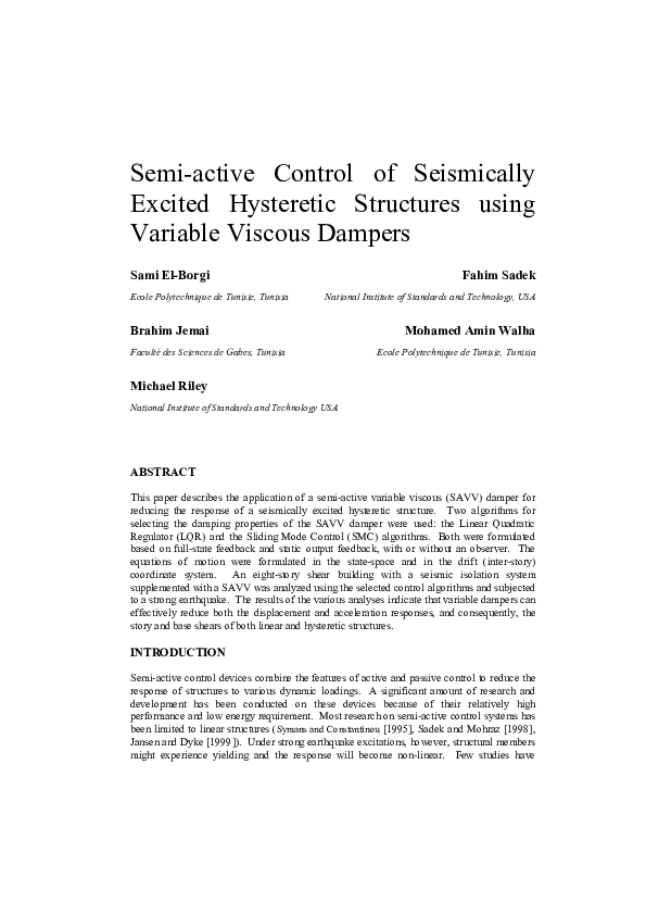 Pdf Semiactive Control Of Seismically Excited Hysteretic Structures Using Variable Viscous Dampers