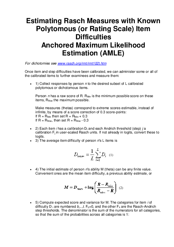(PDF) Estimating Rasch Measures with Known Polytomous (or Rating Scale) Item Difficulties ...