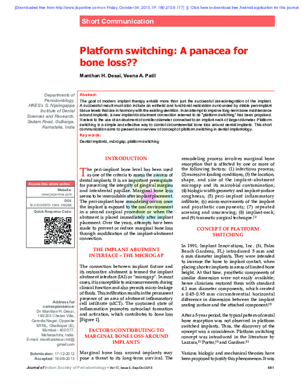 (PDF) Platform switching: A panacea for bone loss