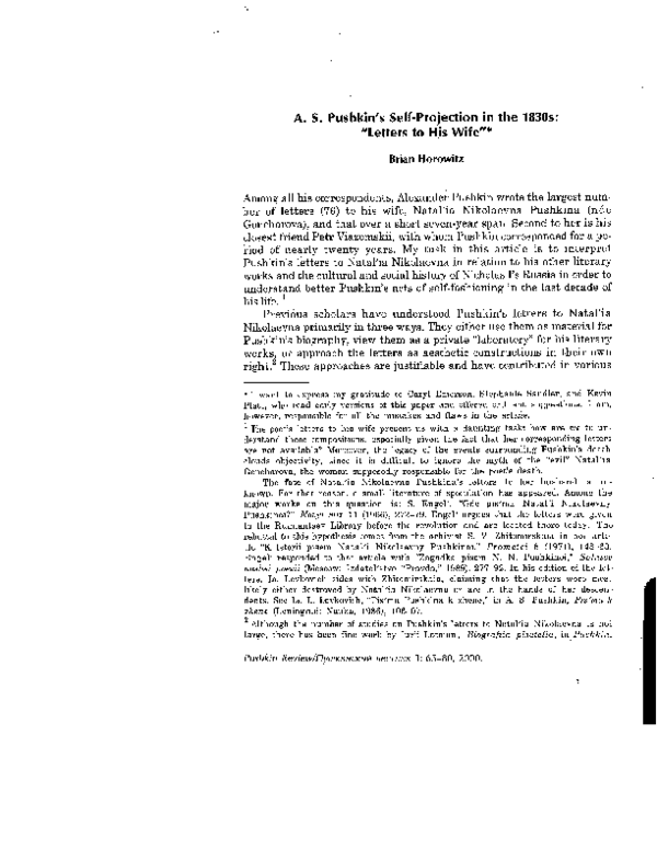 (PDF) A. S. Pushkin’s Self-Projection in the 1830s: ‘Letters to his ...