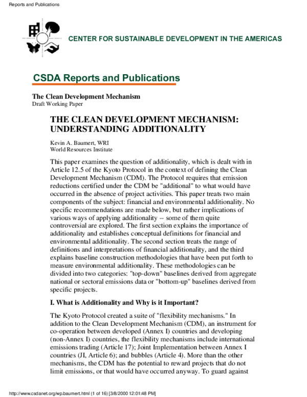 (PDF) THE CLEAN DEVELOPMENT MECHANISM: UNDERSTANDING ADDITIONALITY ...