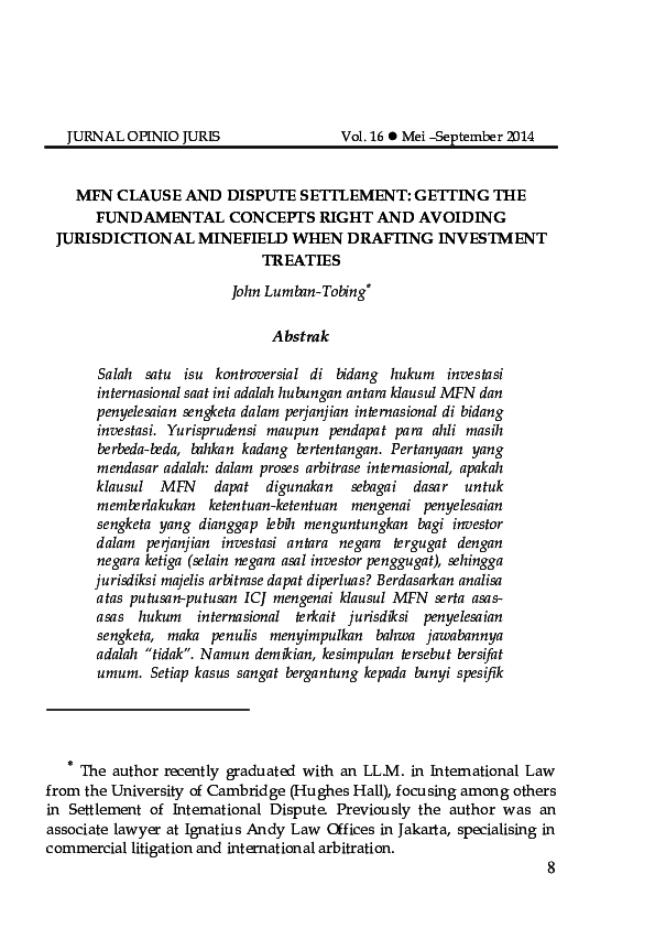 (PDF) MFN Clause and Dispute Settlement: Getting the Fundamental ...