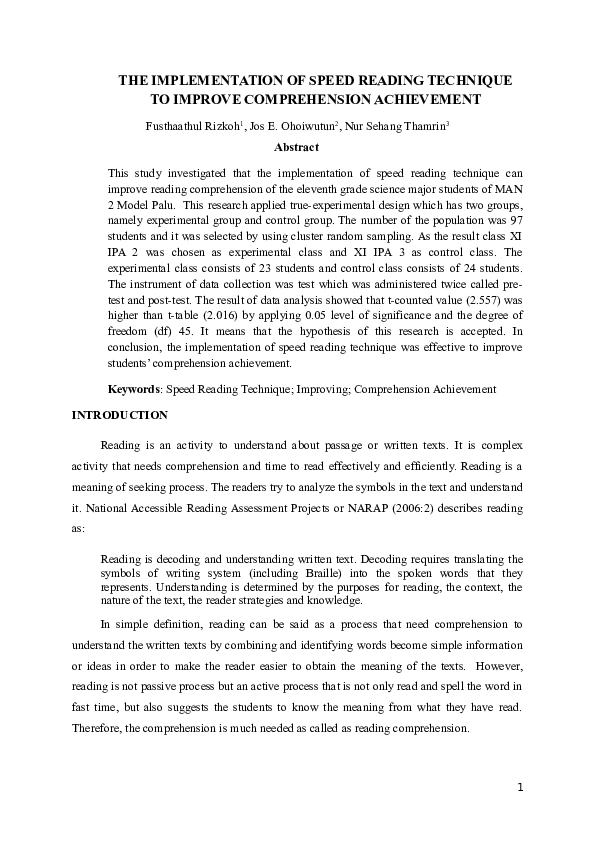 (DOC) THE IMPLEMENTATION OF SPEED READING TECHNIQUE TO IMPROVE ...