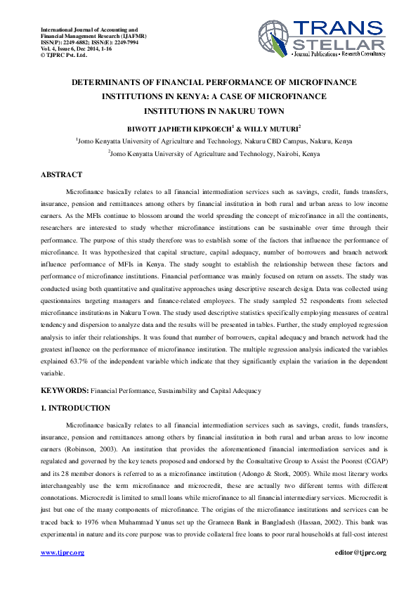 (PDF) DETERMINANTS OF FINANCIAL PERFORMANCE OF MICROFINANCE INSTITUTIONS IN KENYA: A CASE OF ...