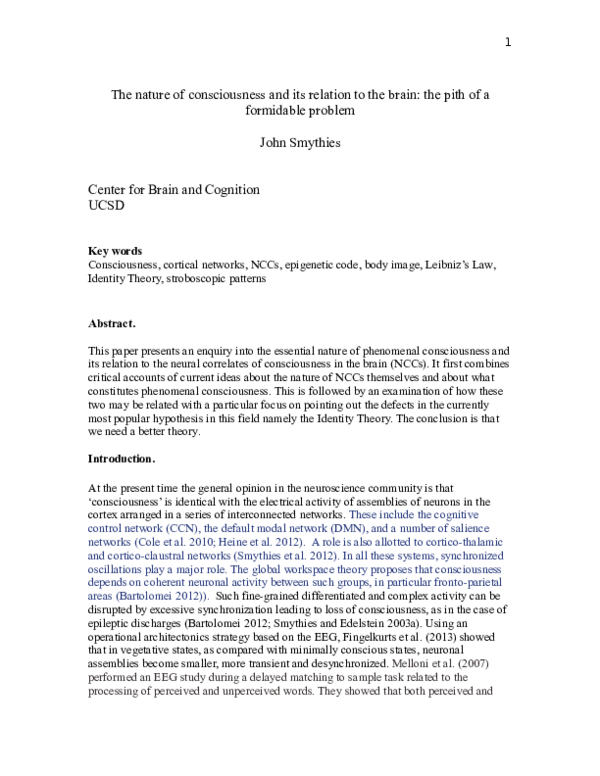 (DOC) The nature of consciousness and its relation to the brain: the ...