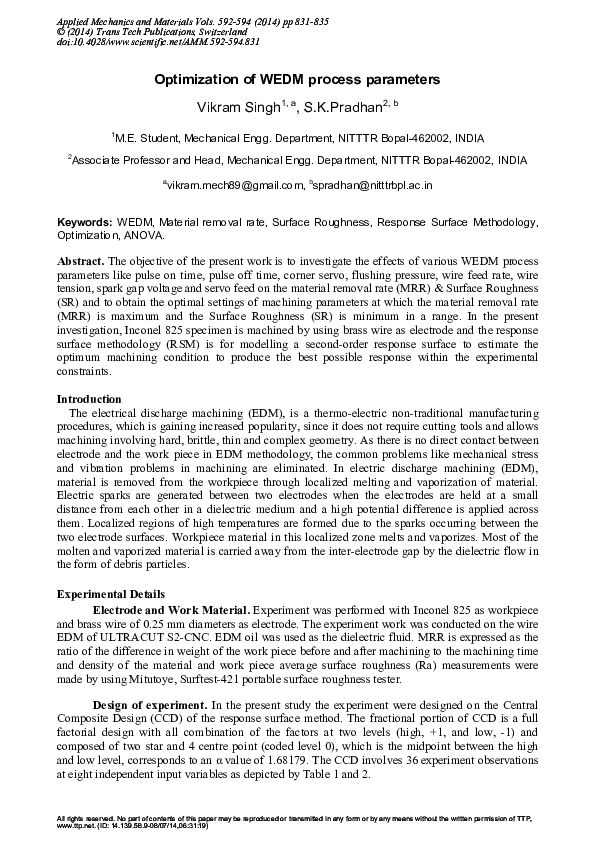 (PDF) Optimization of WEDM process parameters