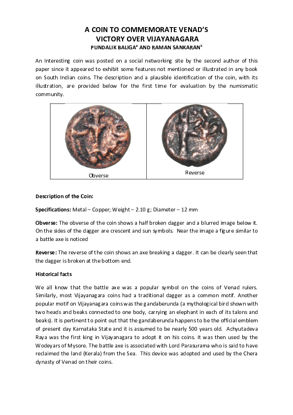 (PDF) A Coin To Commemorate Venad's Victory Over Vijayanagara