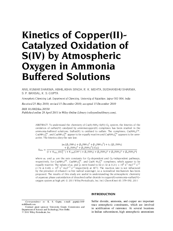 (PDF) Kinetics of Copper(II)- Catalyzed Oxidation of S(IV) by ...