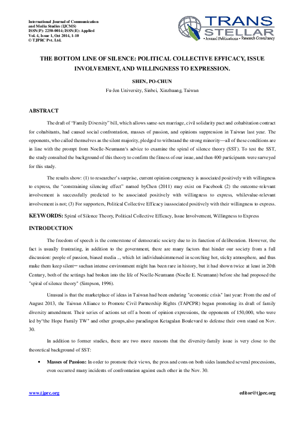 (PDF) THE BOTTOM LINE OF SILENCE: POLITICAL COLLECTIVE EFFICACY, ISSUE ...